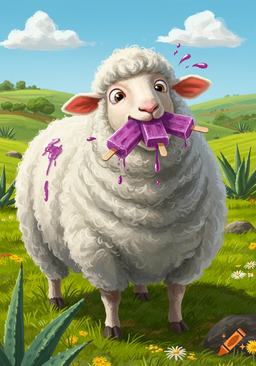 A cartoon sheep with a goofy expression messy eating three purple grape ...