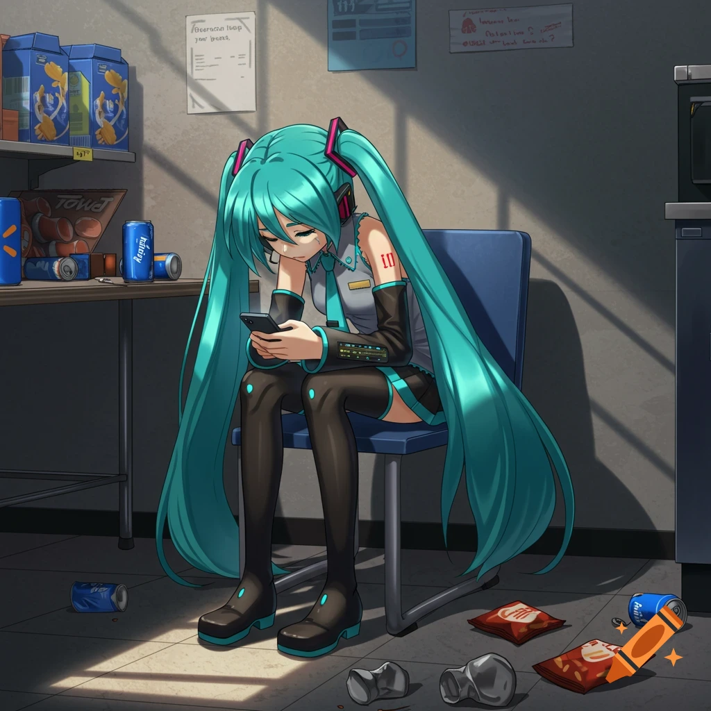 Hatsune Miku, in anime style, sits sadly on a chair in a messy store ...