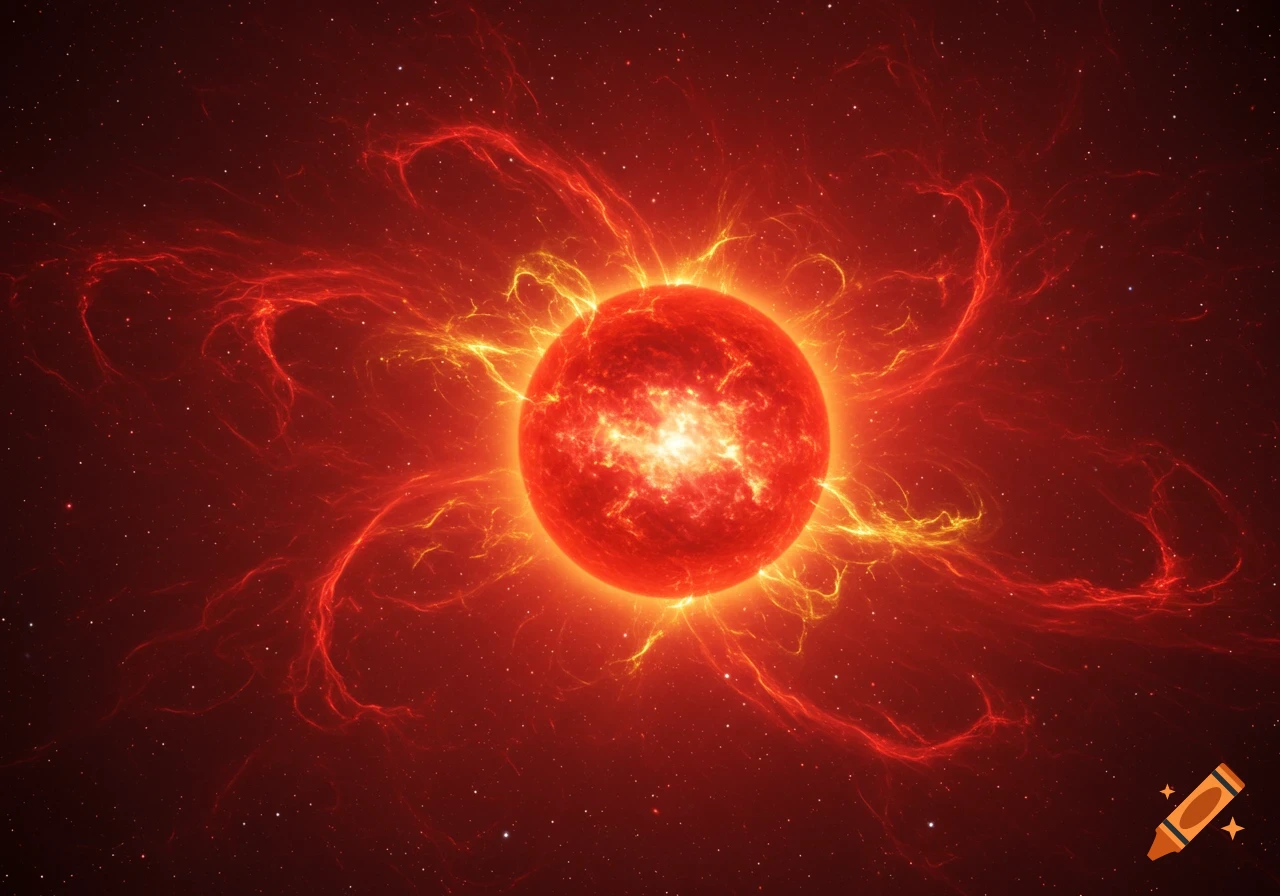 A vibrant red dwarf star with fiery red and orange tendrils radiating ...