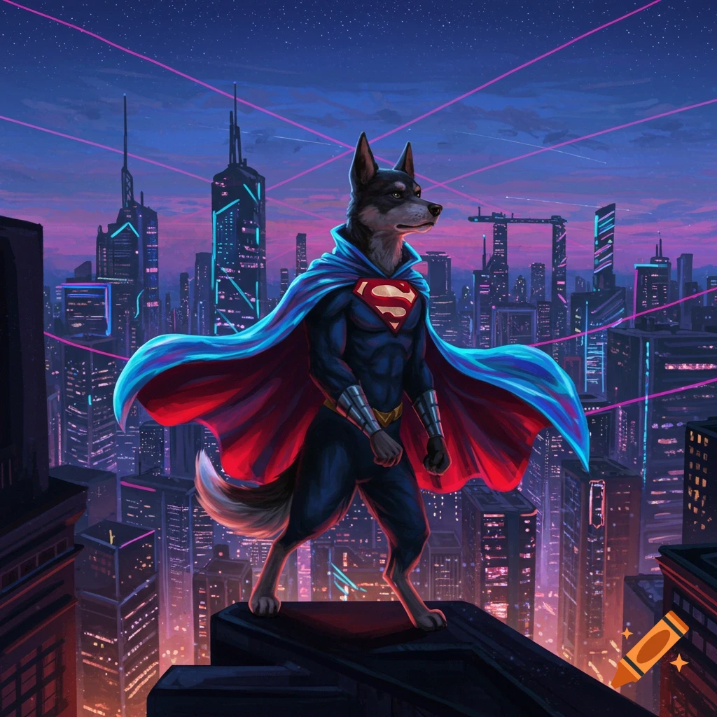 A dog in a blue and red Superman suit stands on a skyscraper ...