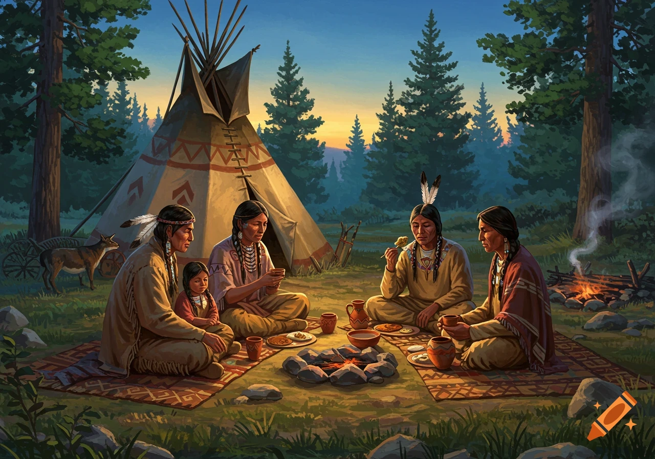 Traditional Native American family eating a meal around a campfire in ...