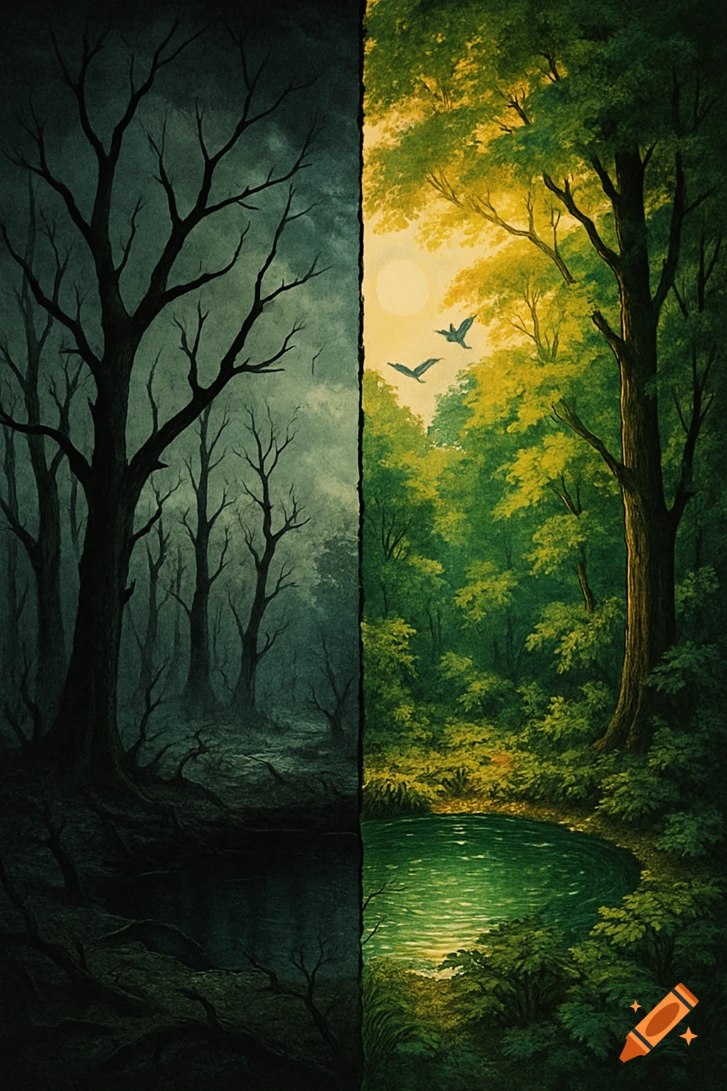 A vibrant fantasy illustration of a large, old tree with gnarled ...