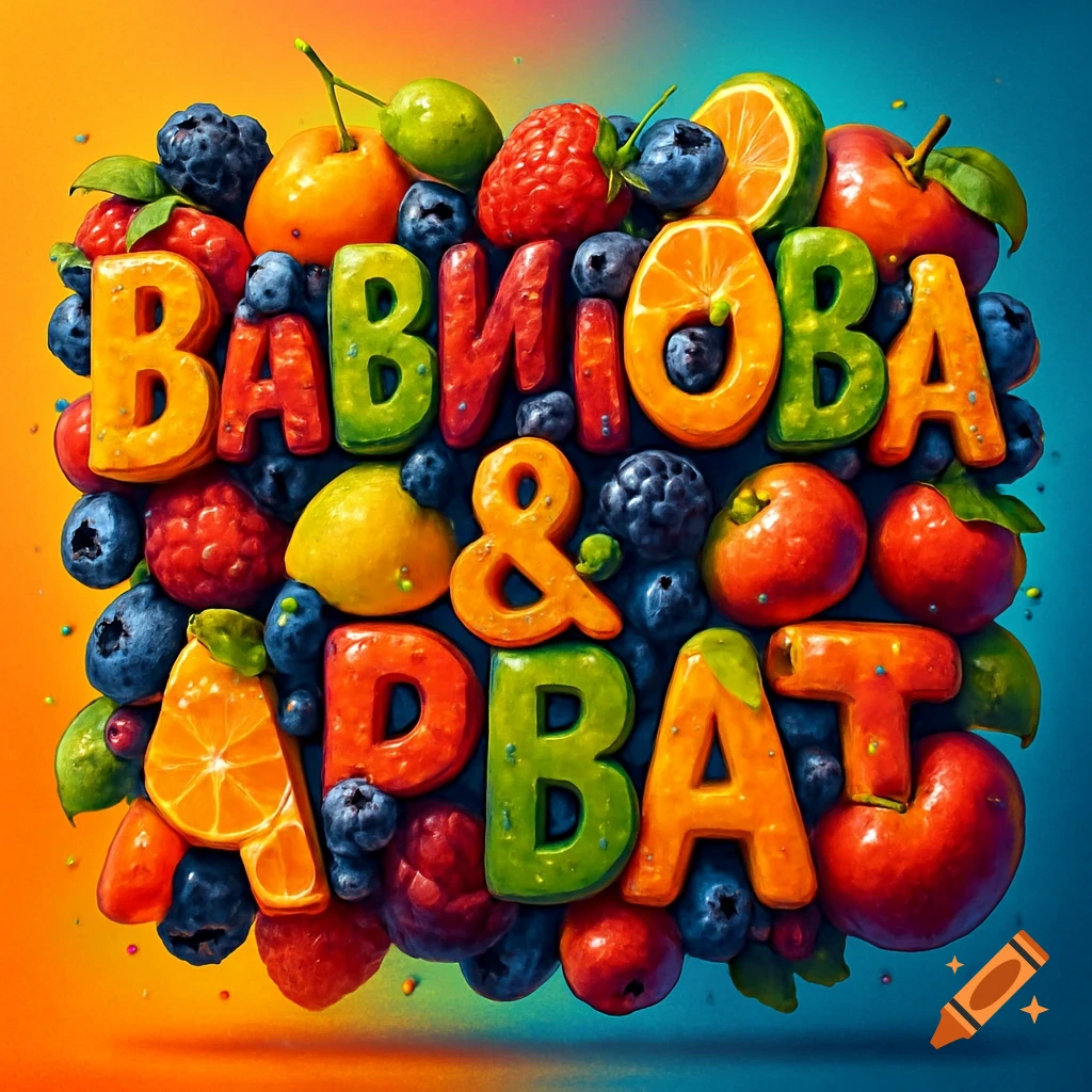 Colorful letters spelling "BABILOVA & ARBAT" formed by various fruits like blueberries ...