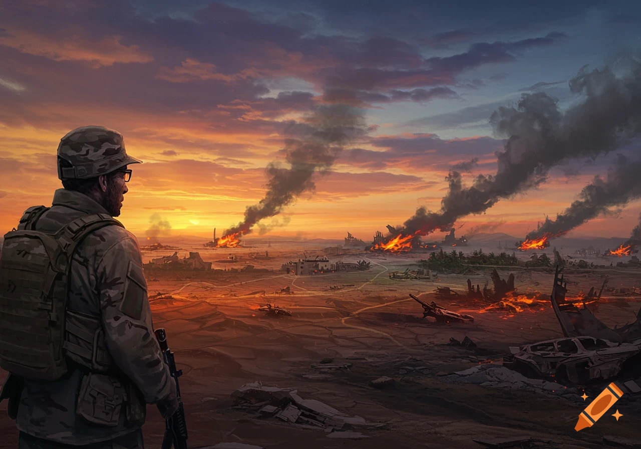 A soldier in uniform and a helmet stands overlooking a war-torn ...