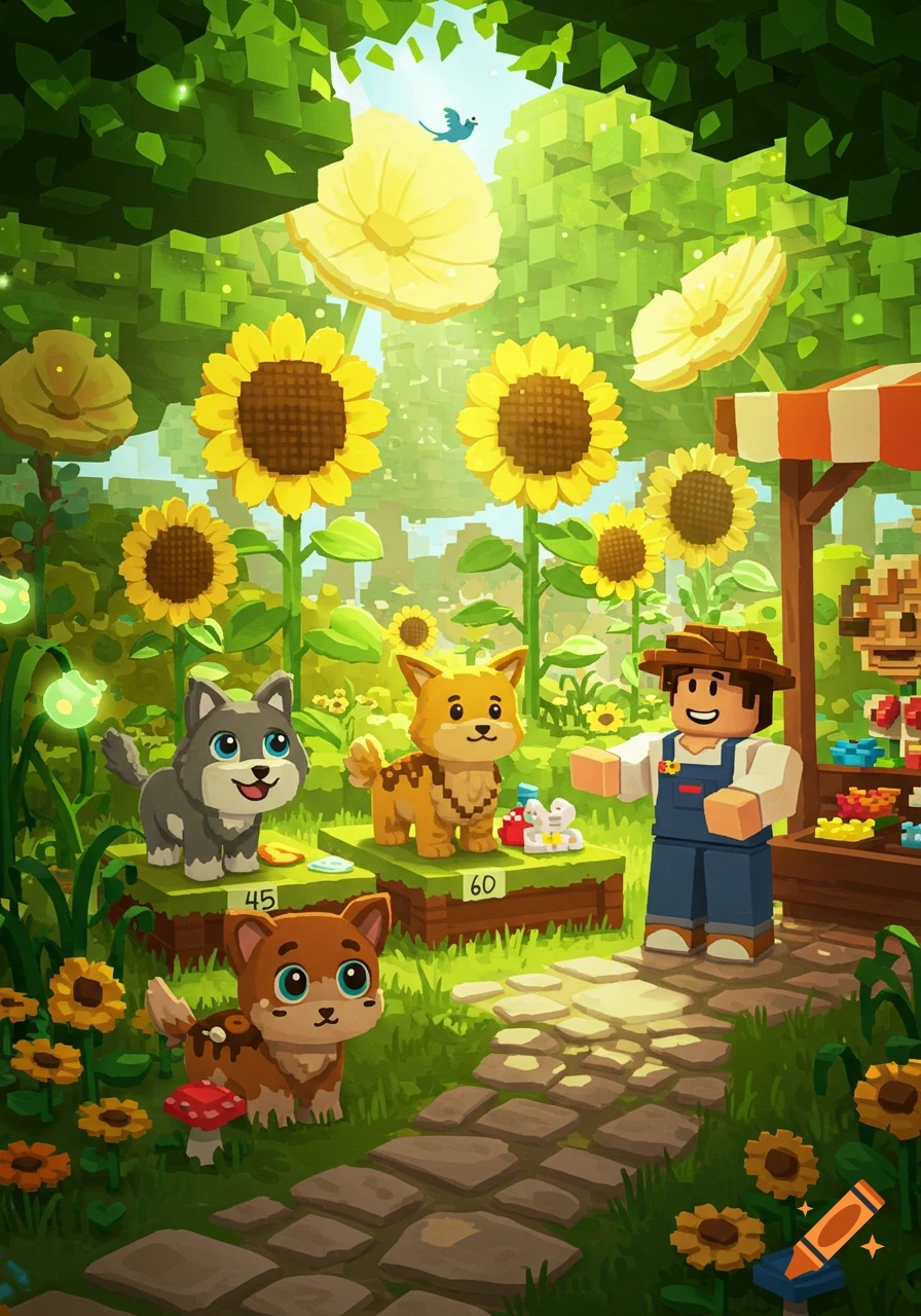 A blocky farmer sells cartoon-style pets in a vibrant garden with giant ...