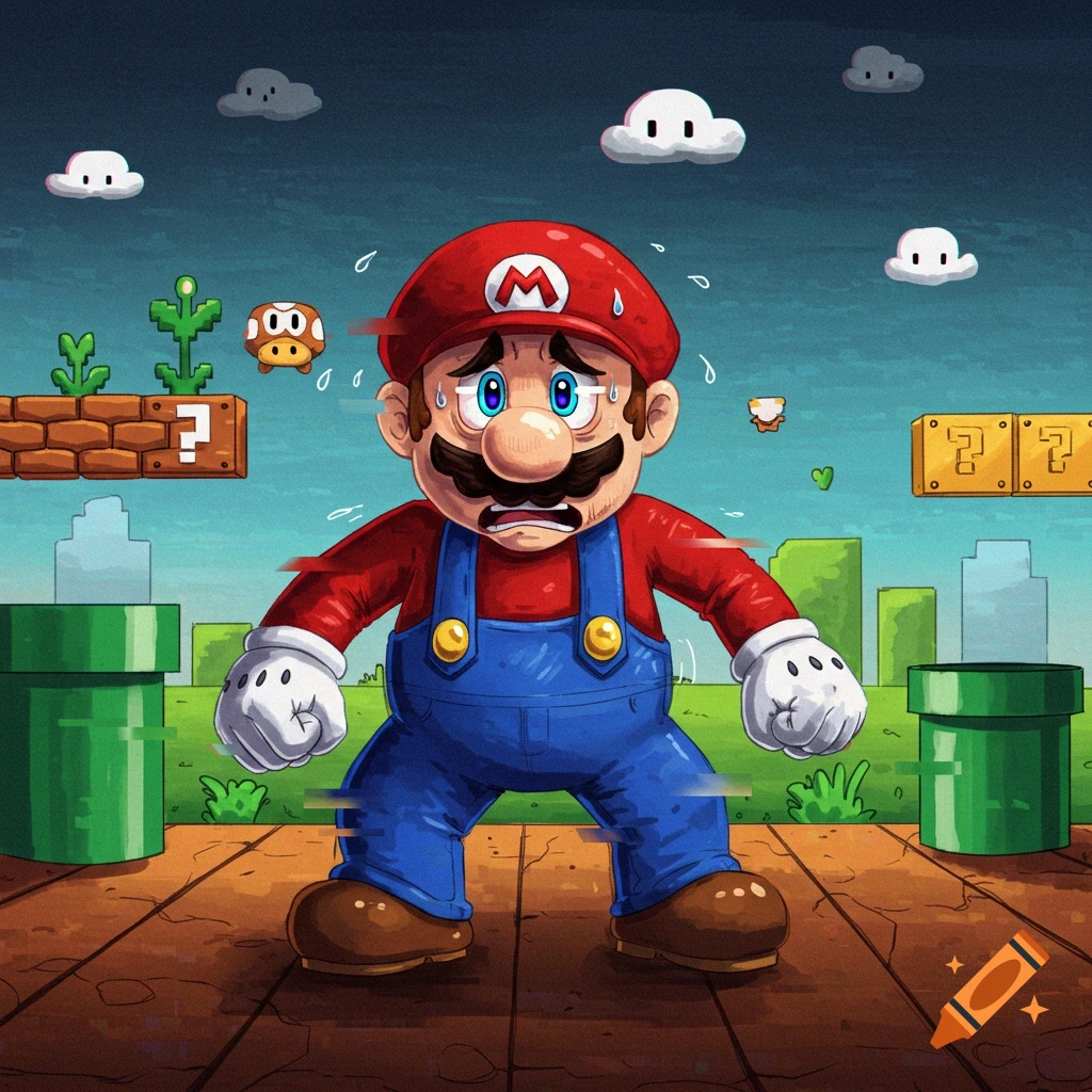 Pixel art of Mario jumping in a landscape with question mark blocks ...