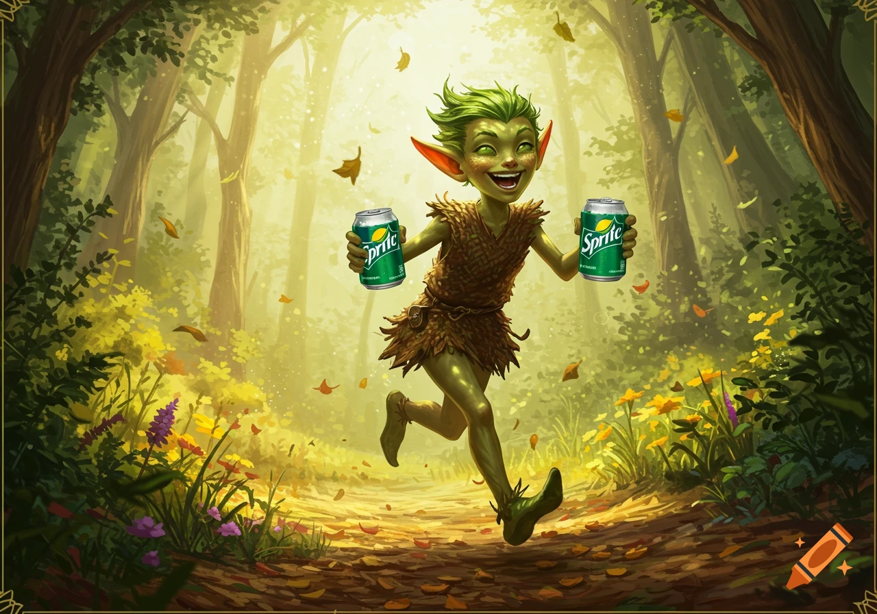 A green-skinned elf-like creature runs gleefully through a sunlit ...