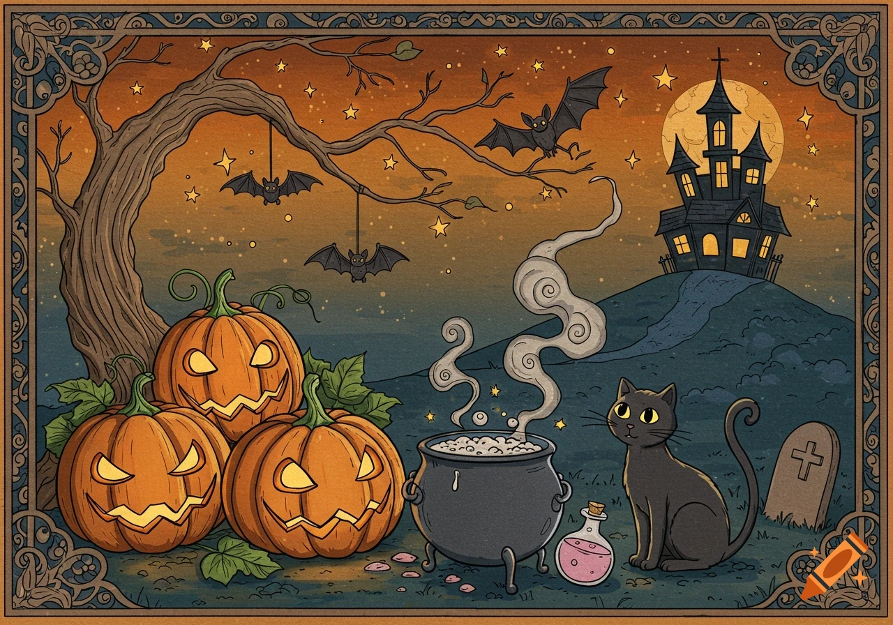 Cartoon Halloween illustration of cute witches, vampires, and ghosts in ...