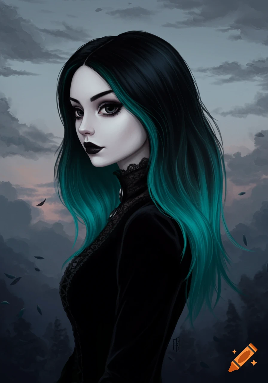 Digital painting of a gothic woman with green and purple hair, glasses ...