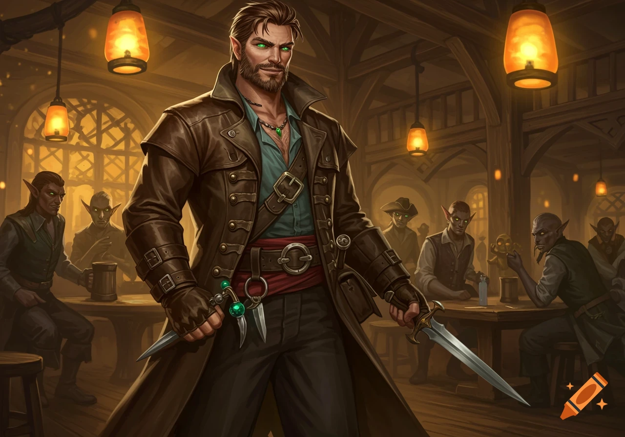 A handsome fantasy smuggler with green eyes, wearing a brown leather ...