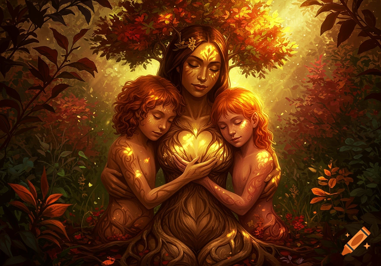 Four elves in green robes gather around a glowing crystal on a stone ...