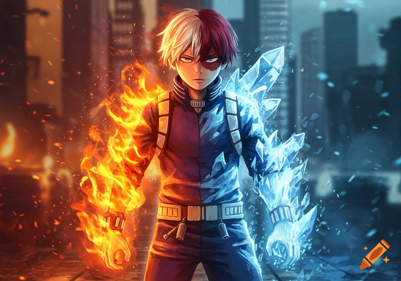 A male anime character with split red and white hair, wearing a half ...