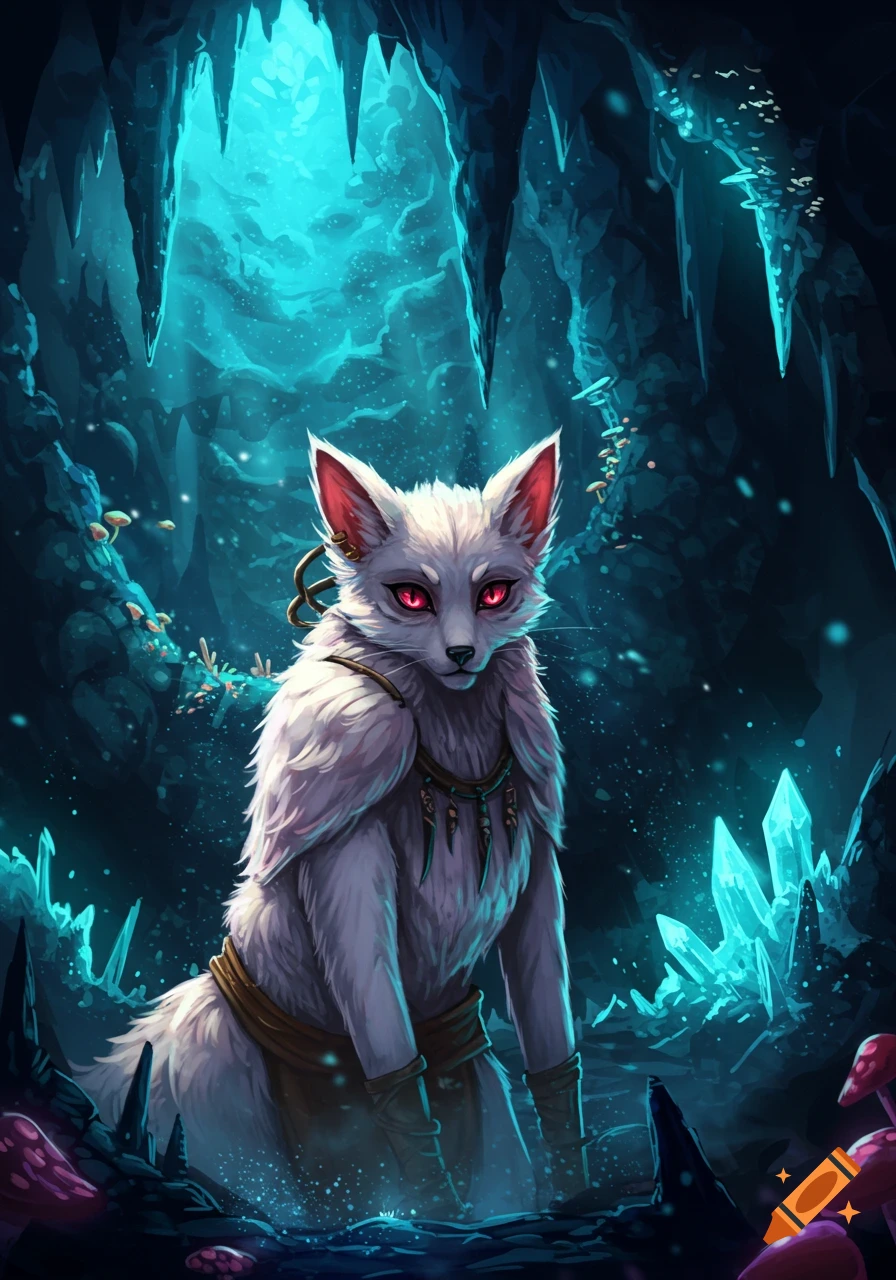 A white fox-like fantasy creature with red eyes and tribal adornments ...
