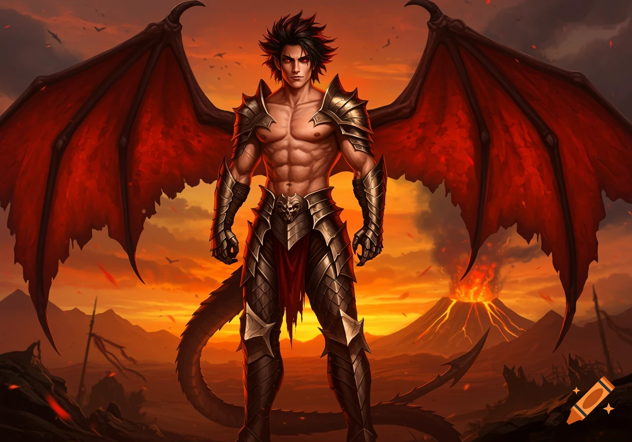 A muscular man with red dragon wings, black and red hair, and bronze dragon scale armor stands ...