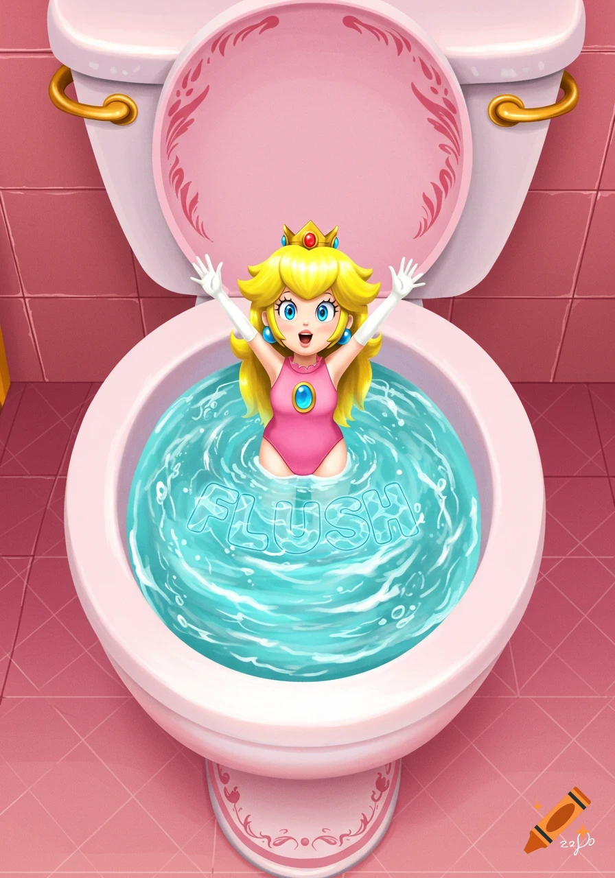 Cartoon Princess Peach in a pink swimsuit in a flushing toilet with ...