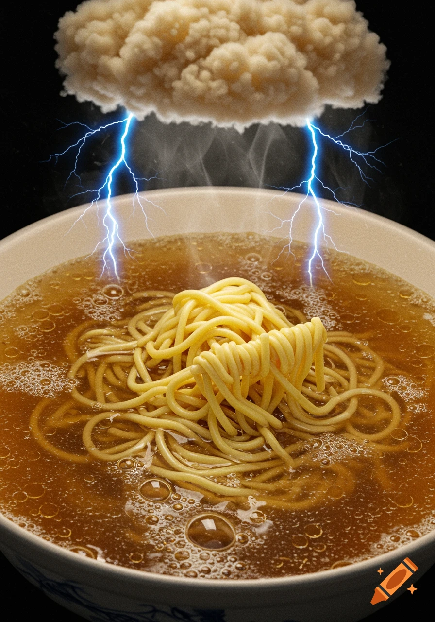 Photorealistic close-up of a bowl of ramen noodles with a fluffy cloud ...