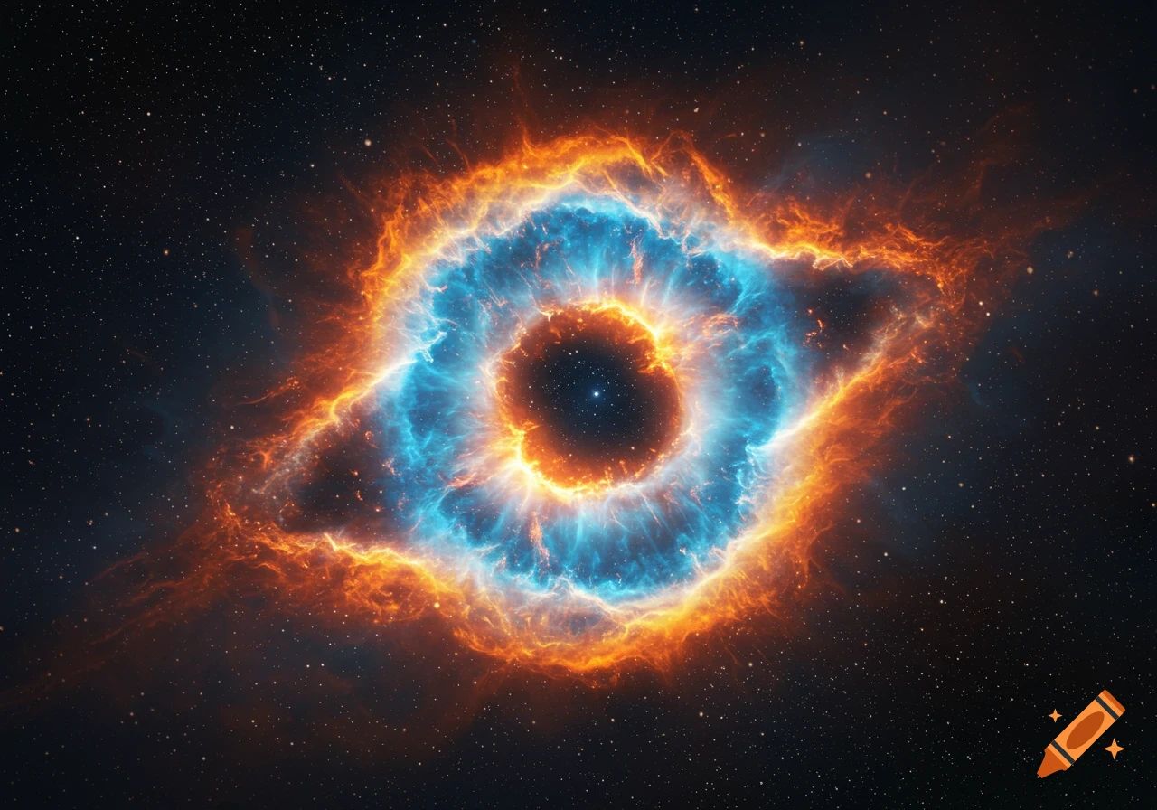 Vibrant cosmic explosion with a central orange and blue eye-like nebula ...