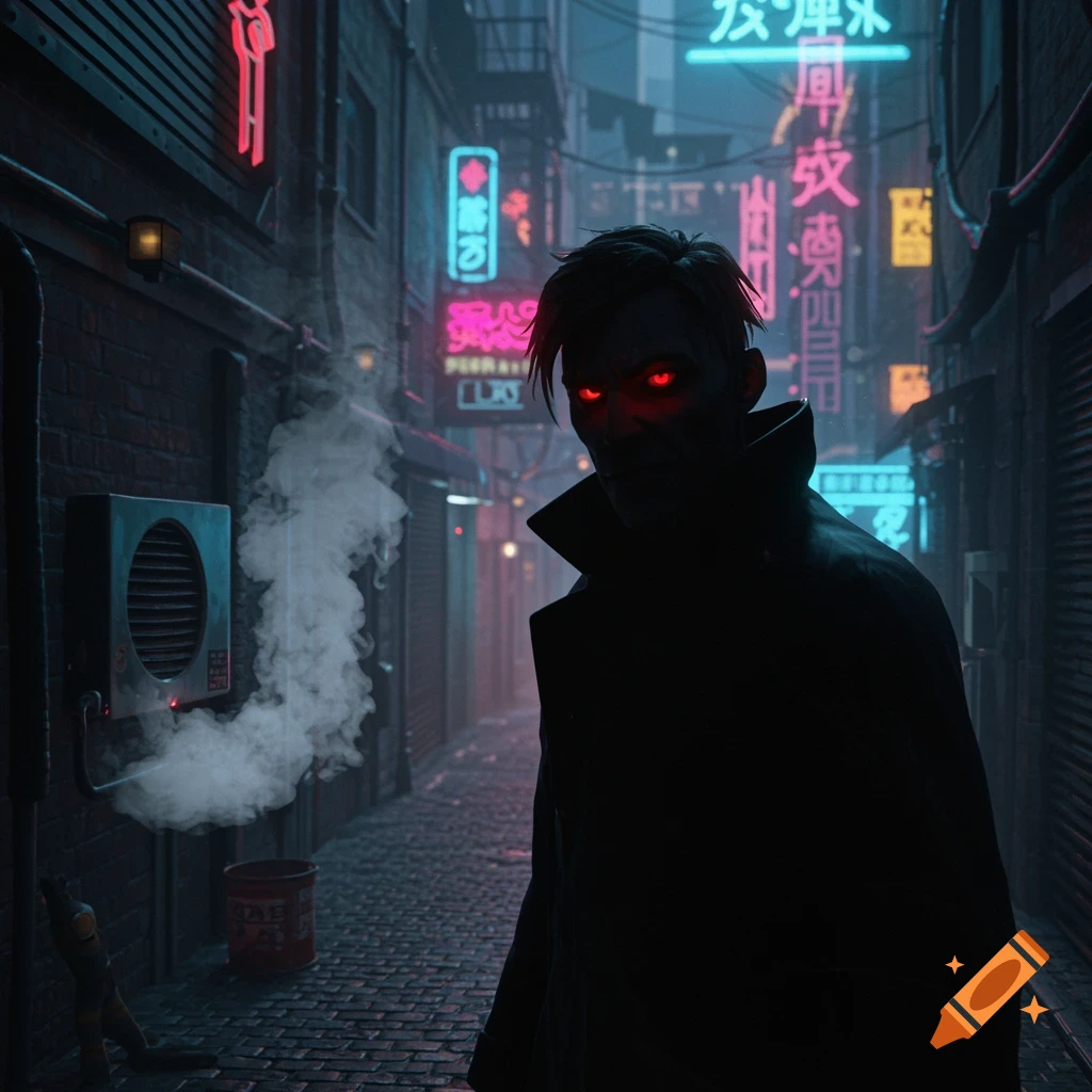 A dark figure with glowing red eyes and a black coat stands in a gloomy ...
