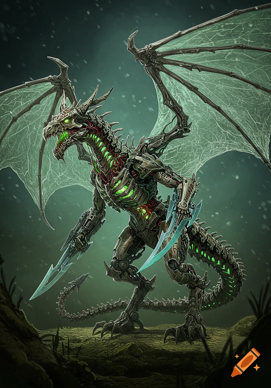 A detailed biomechanical dragon with glowing green elements, bone-like ...