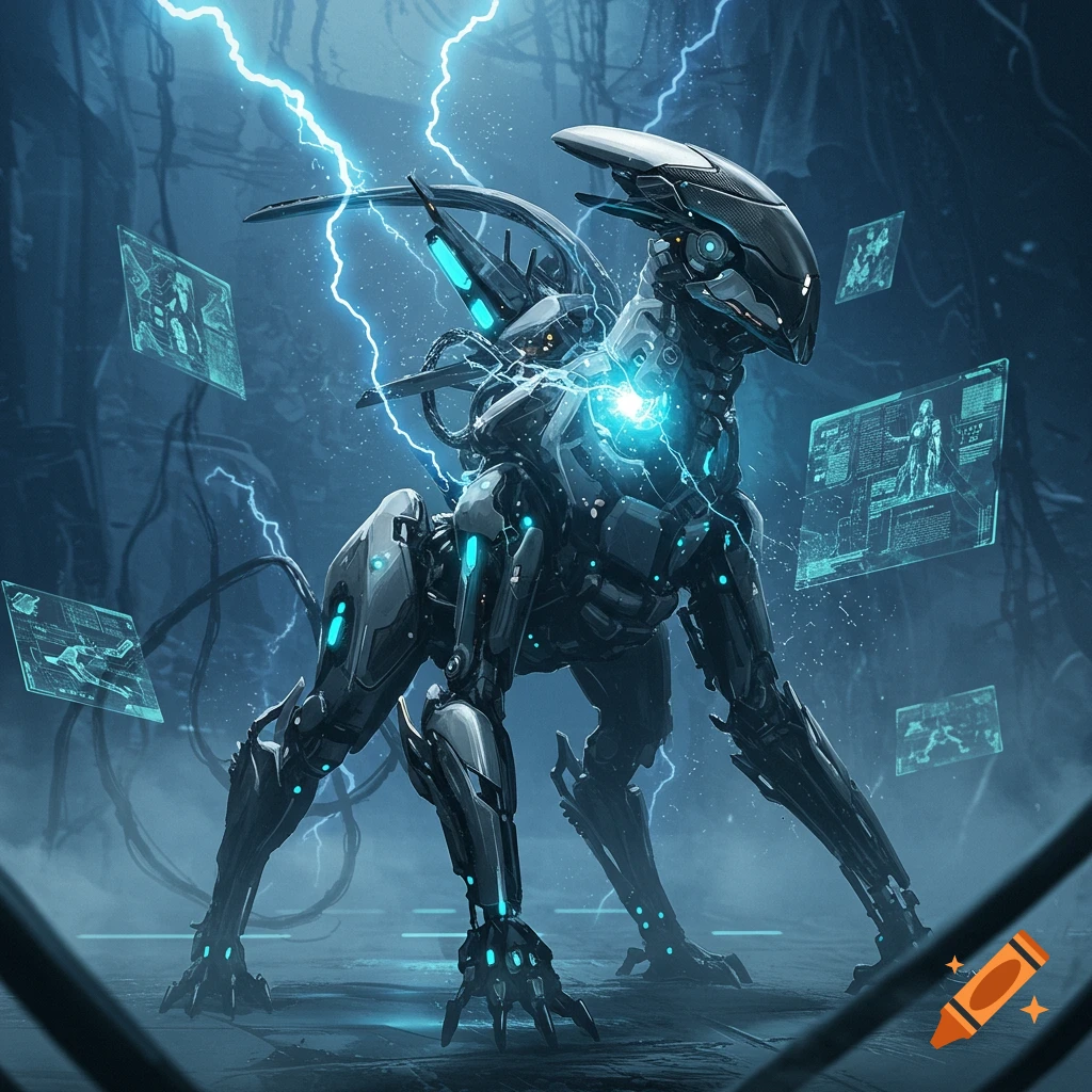 A cybermorphic creature made of metal and carbon, with blue glowing energy, surrounded by ...
