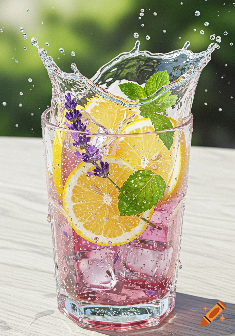 Hyper-realistic splash of carbonated lavender lemonade with lemon ...