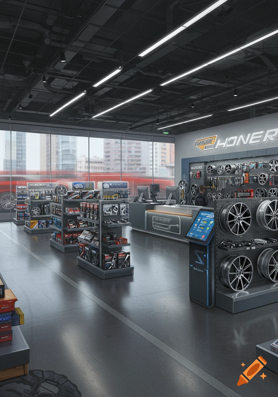 Interior of a modern auto parts and tool store with display shelves and ...