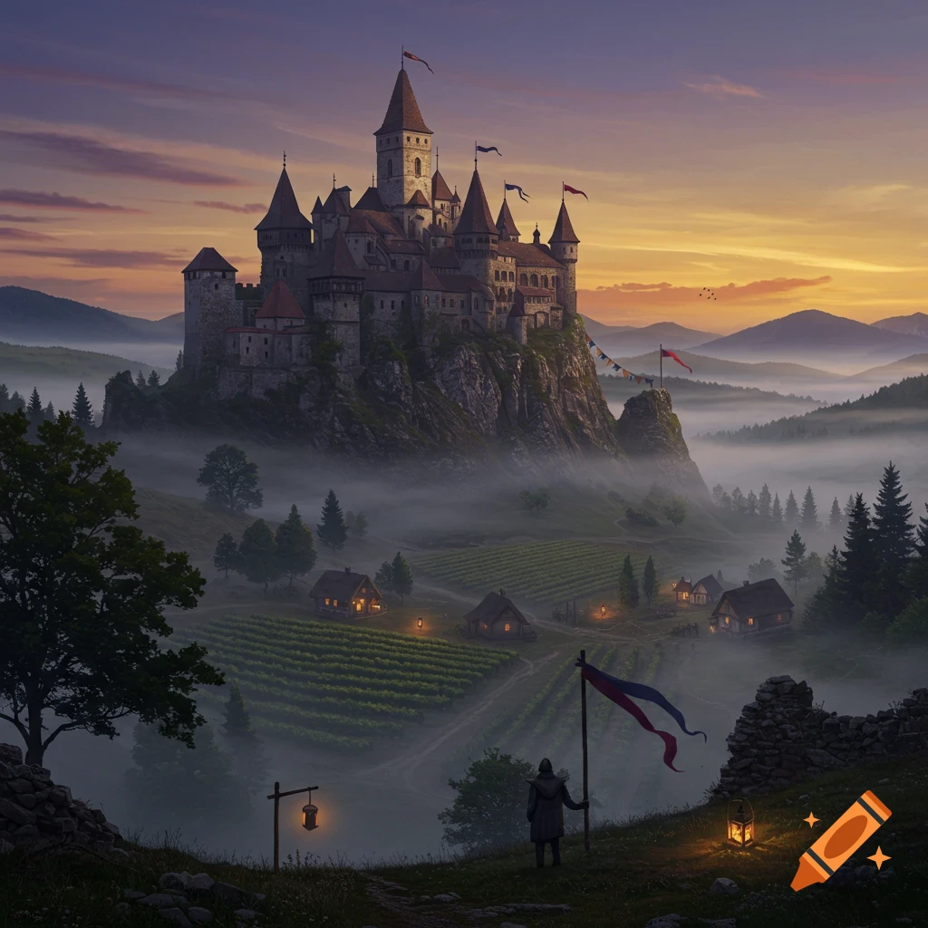 A majestic castle overlooks a misty valley with vineyards and villages ...