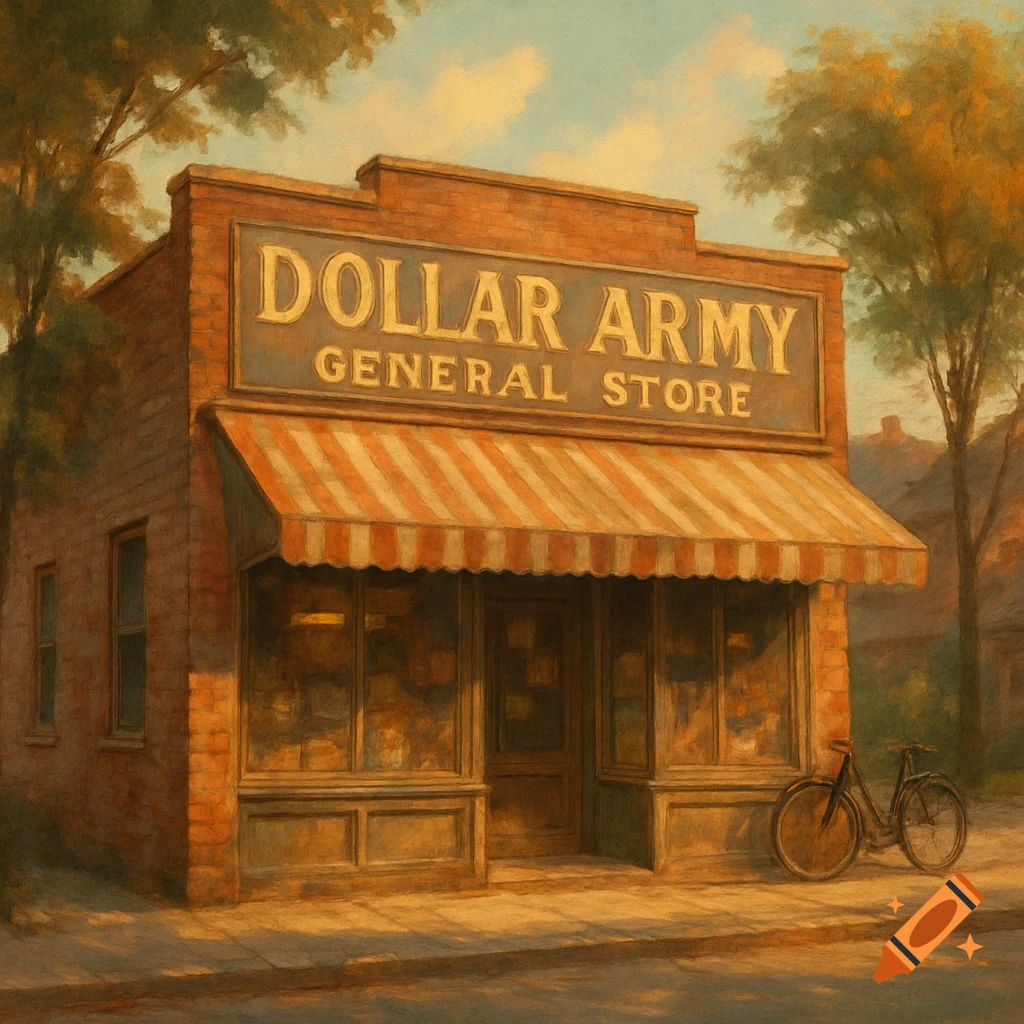 Oil painting of a vintage brick general store with a striped awning and ...
