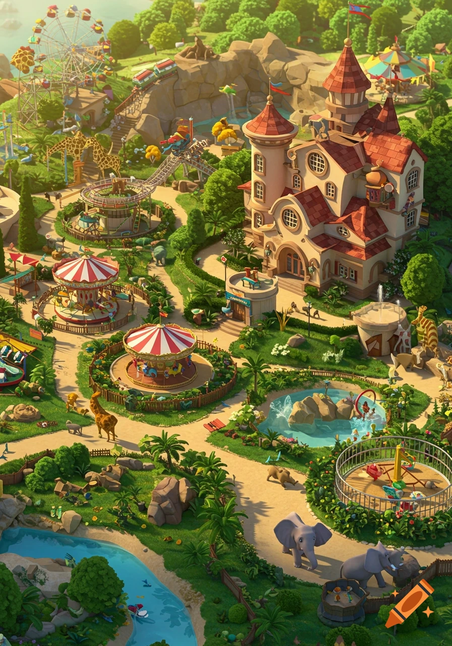 Colorful 3D animated overhead view of a vibrant amusement park and zoo ...