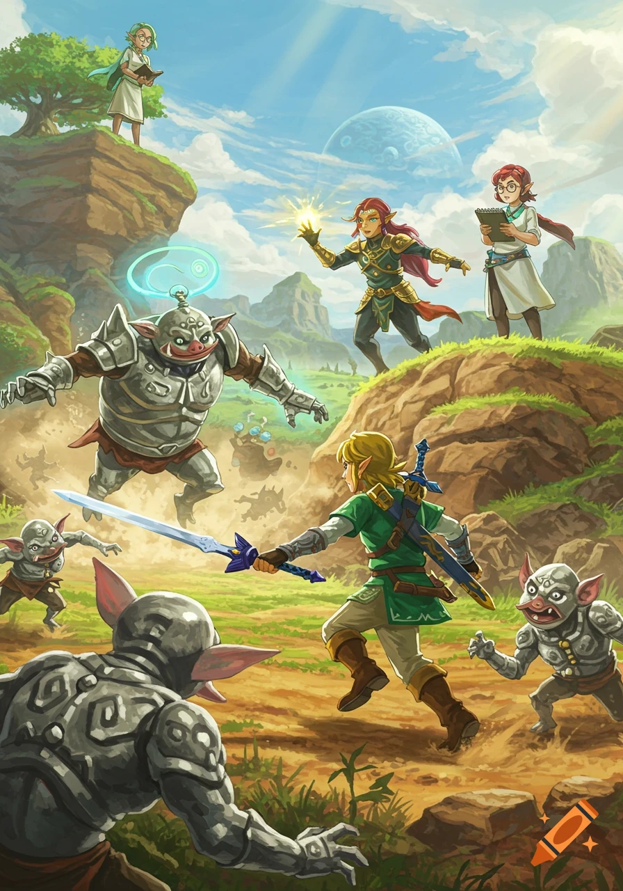 Link battles armored Bokoblins with magic-wielding allies in a vibrant ...