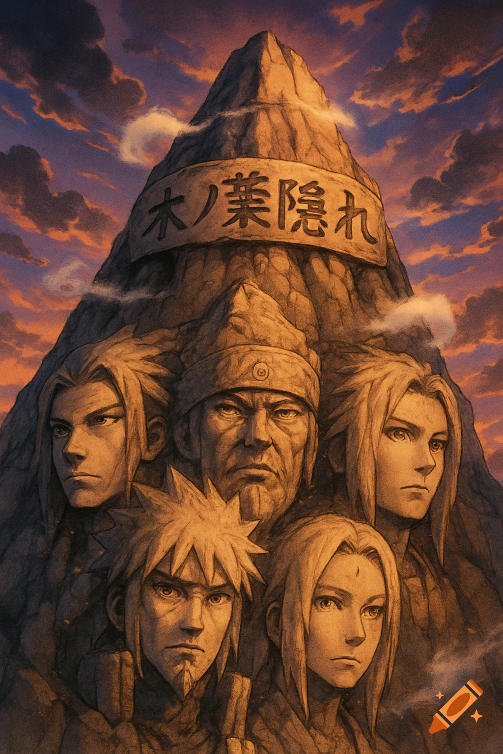 A stone mountain with five carved faces of ninja warriors from Naruto ...
