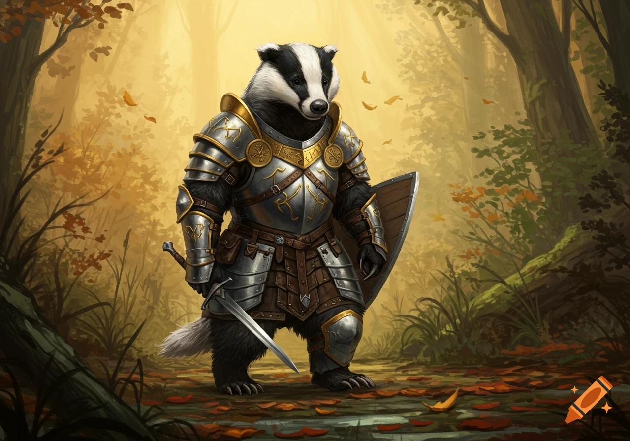 An armored badger warrior standing upright in a sunlit forest, holding ...