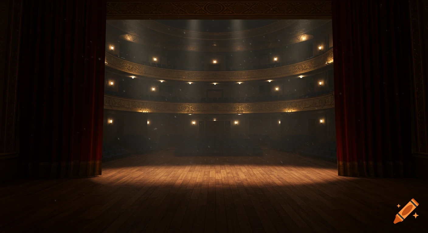 An empty theatre stage with red curtains, golden trim, spotlights, and ...