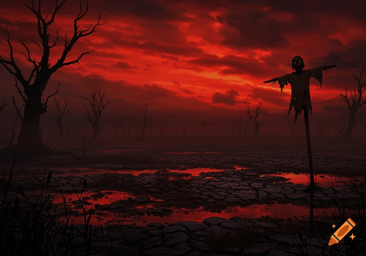 A dark, desolate landscape with bare trees and cracked ground under a ...