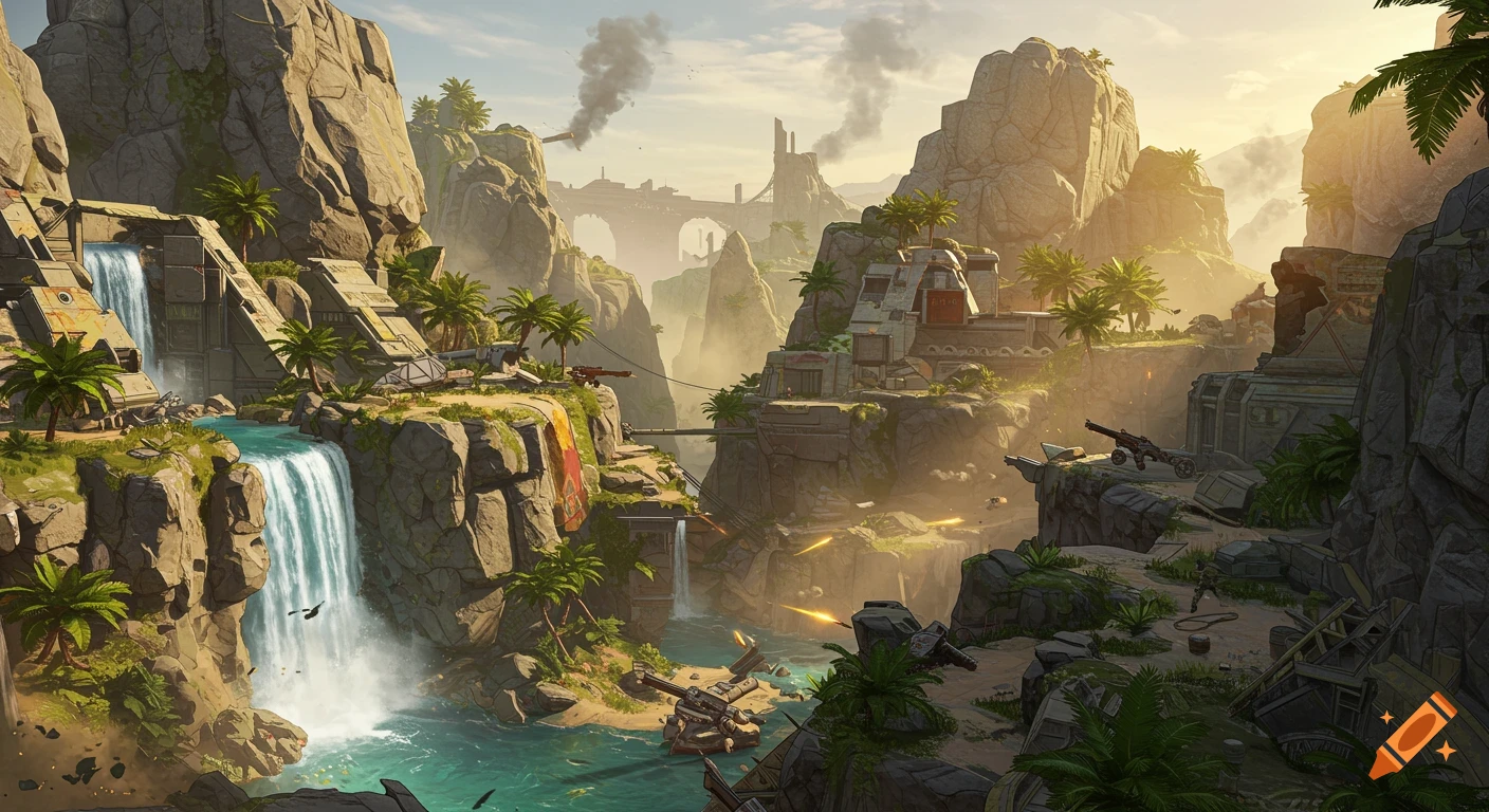A vibrant stylized video game landscape of a canyon with waterfalls ...