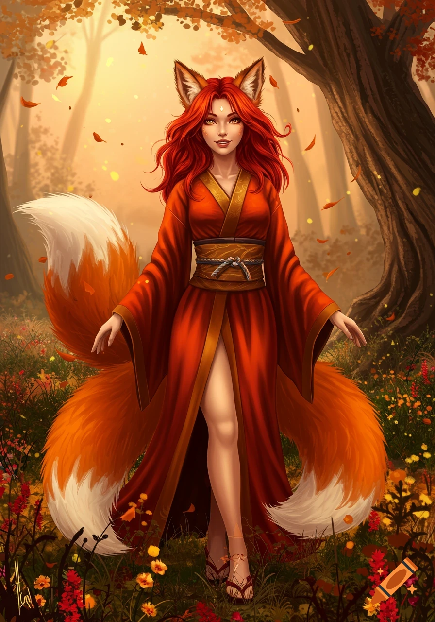 A detailed fantasy illustration of an anthropomorphic fox woman with ...