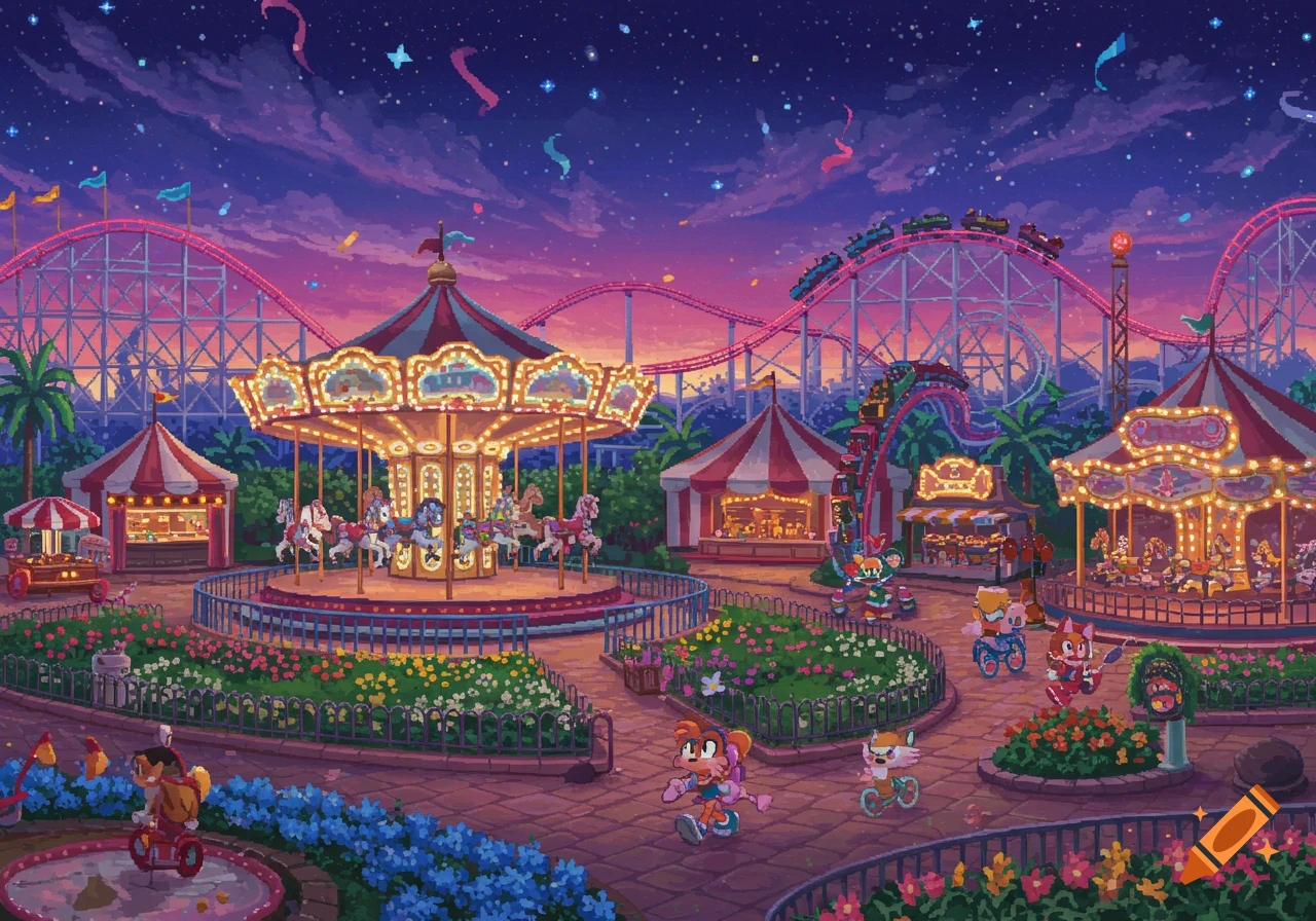 A brightly lit carnival carousel at night, adorned with golden lights and a glowing rainbow ring ...