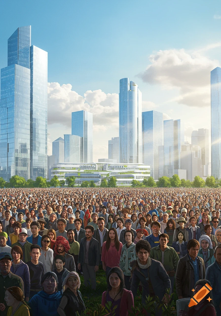 A vast crowd of diverse people stands in a field before a modern city ...