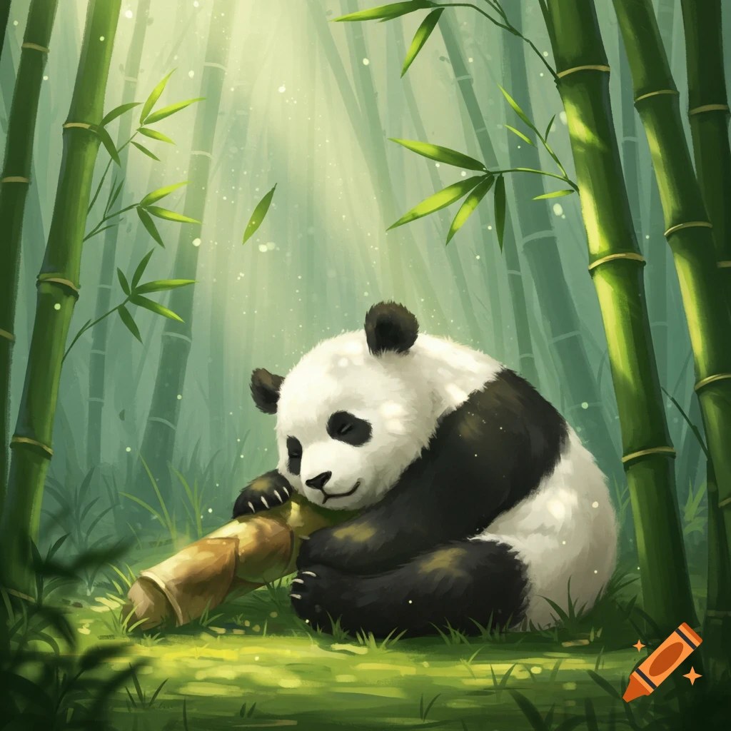 Pencil sketch of a cute baby panda holding a bamboo stalk in a bamboo ...