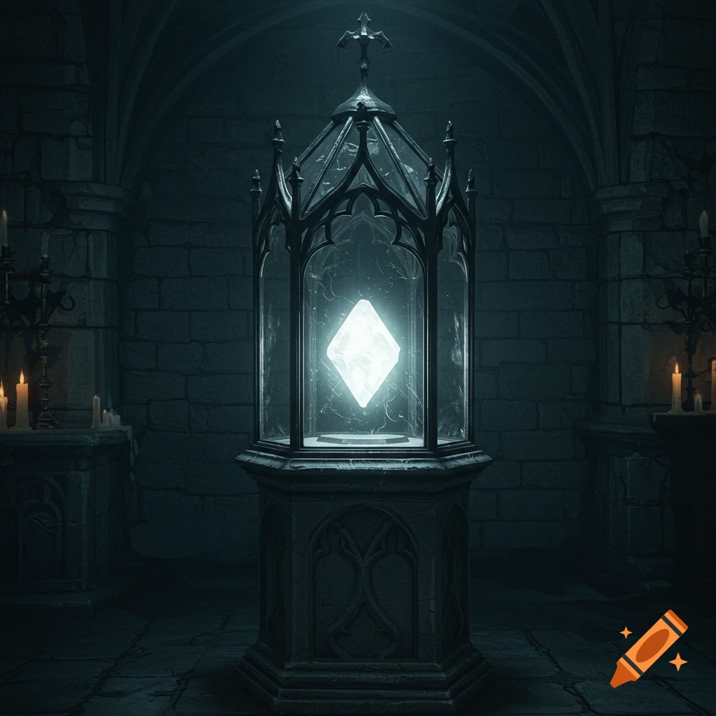 A glowing white gem in a gothic glass display case on a stone pedestal ...