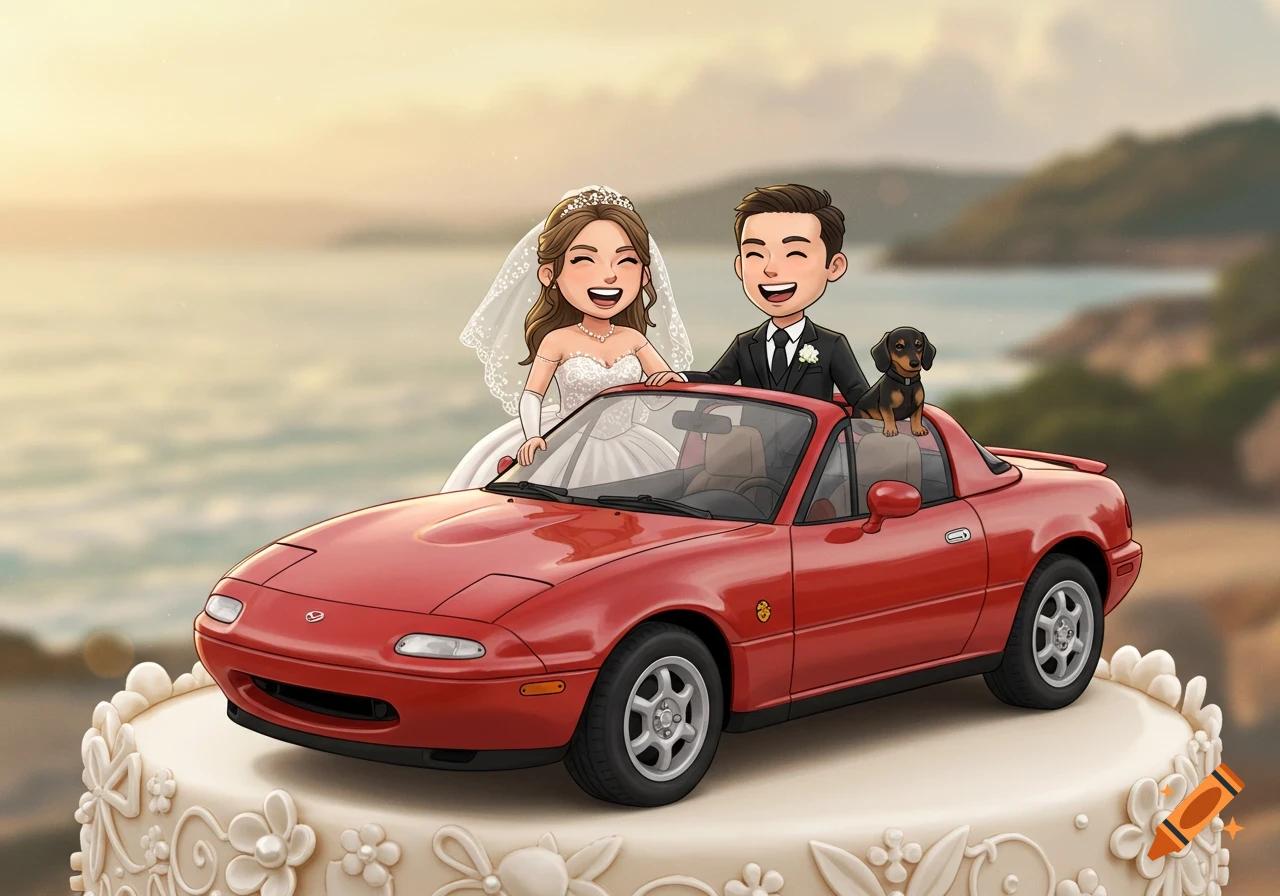 Cartoon wedding cake topper featuring a bride, groom, and mini ...