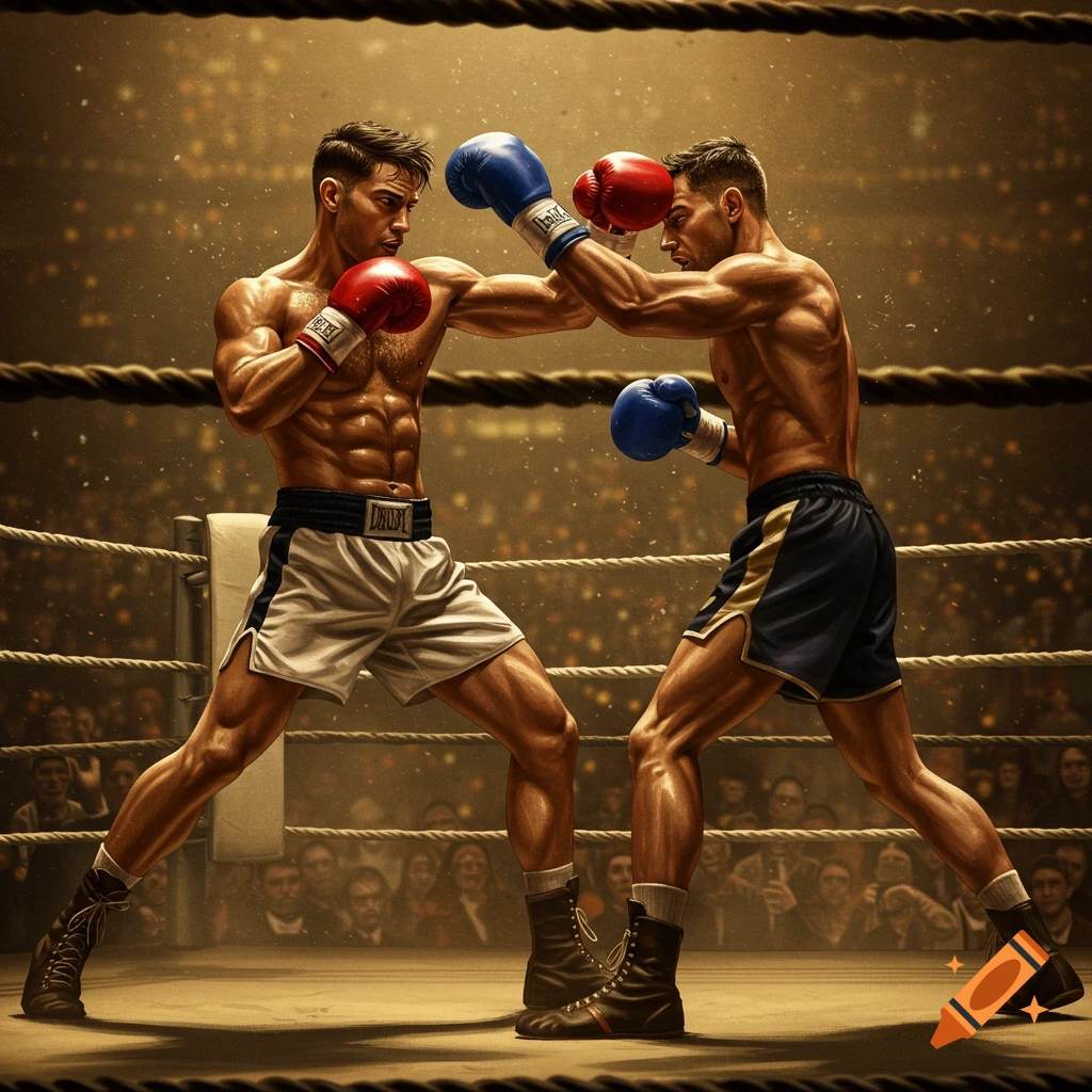 Two muscular men in red and blue shorts fight in a brightly lit MMA ...