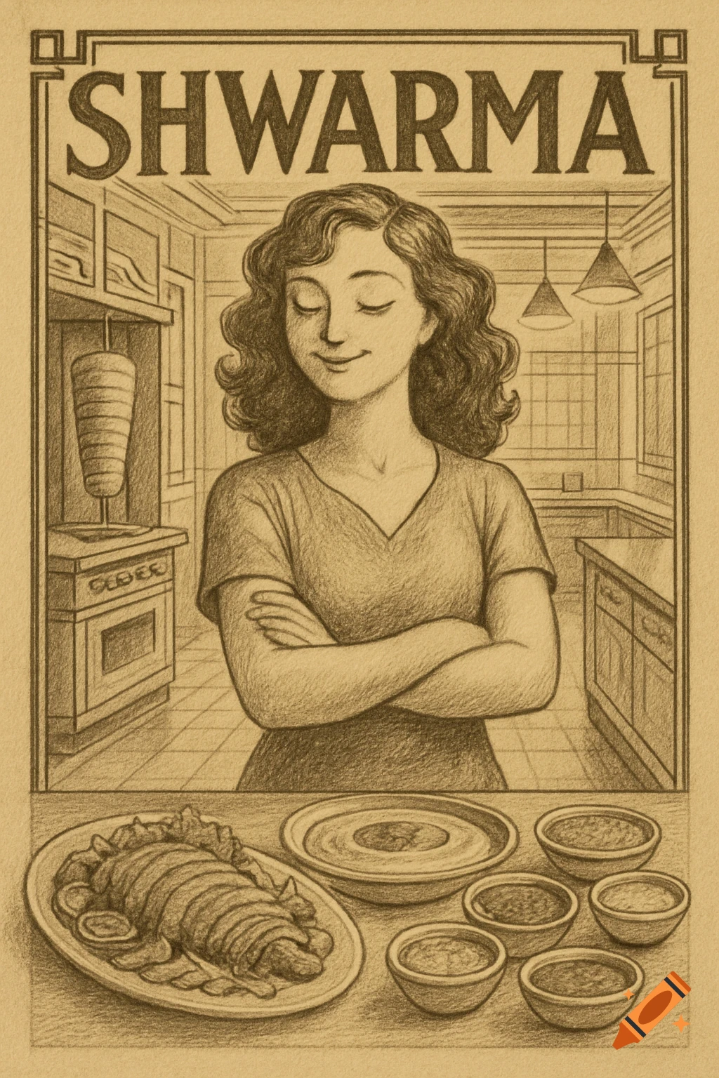 Pencil drawing of a smiling woman with curly hair, arms crossed, in a ...