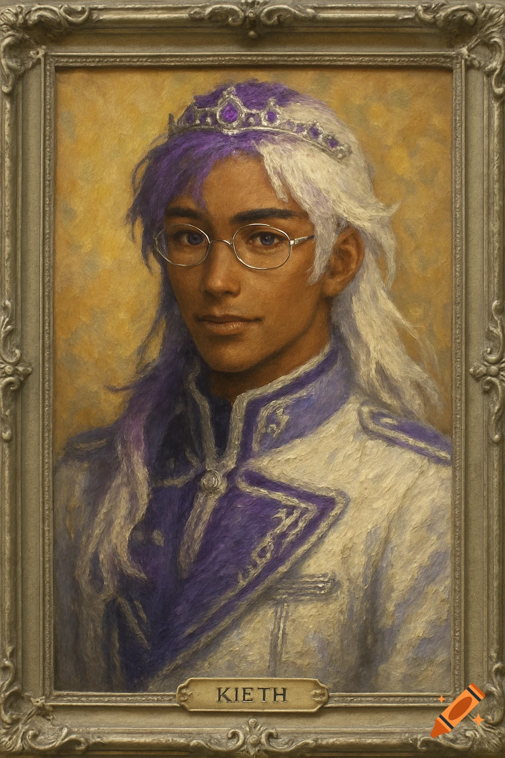 Impressionist oil painting of a man with purple and white hair ...