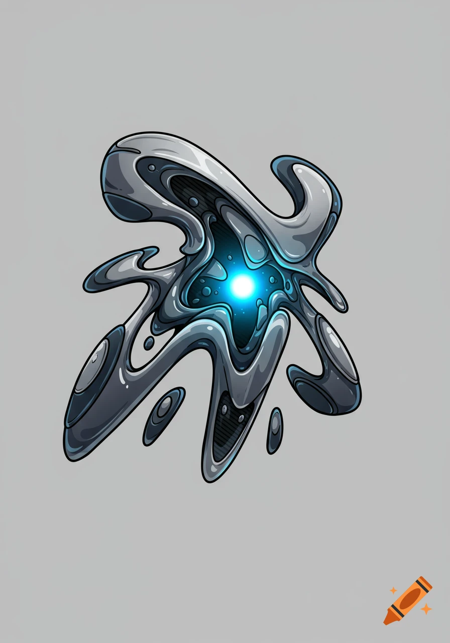 An abstract amorphous creature made of grey metal and carbon, with a ...