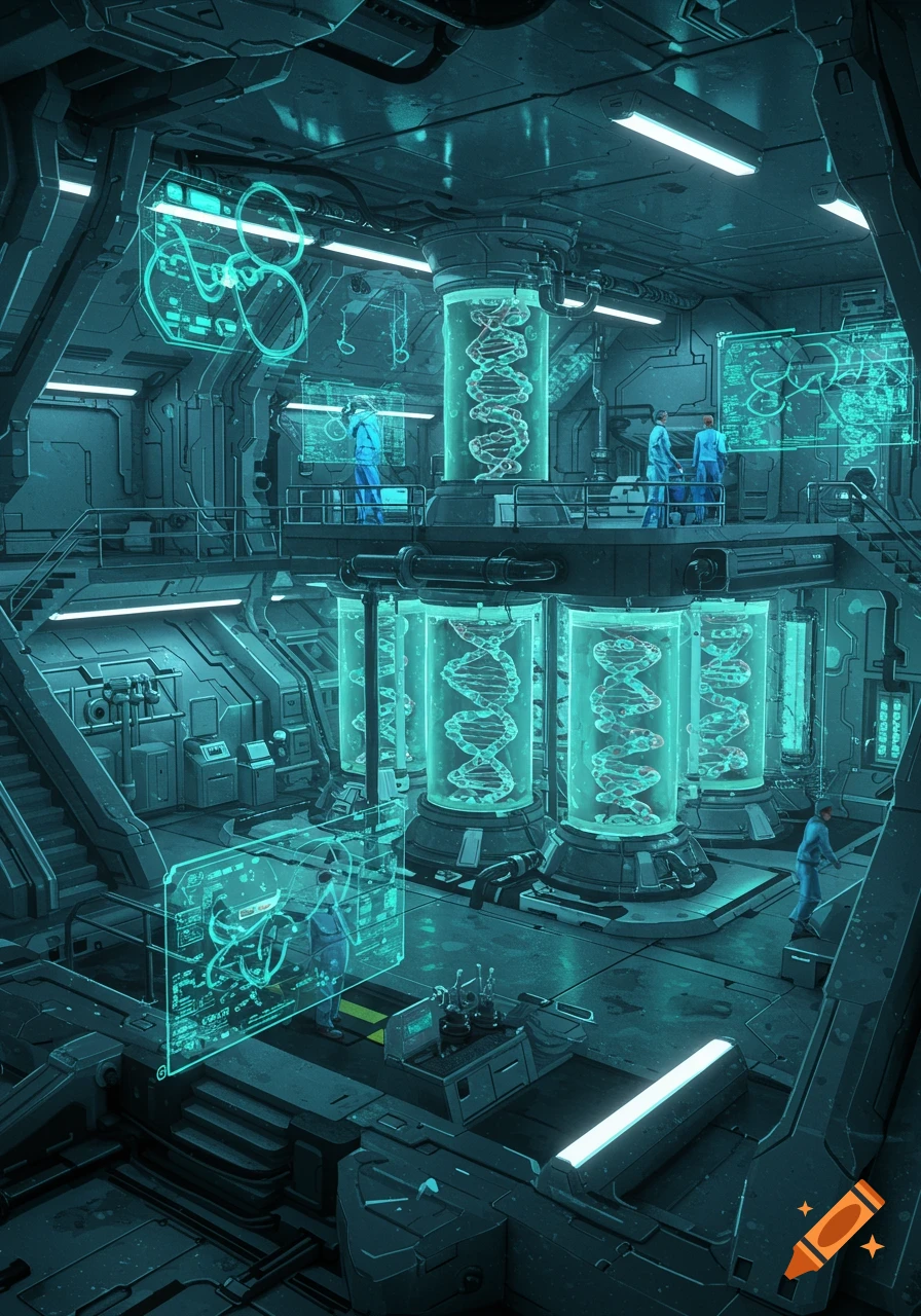 Futuristic sci-fi laboratory with scientists, glowing DNA helixes in ...