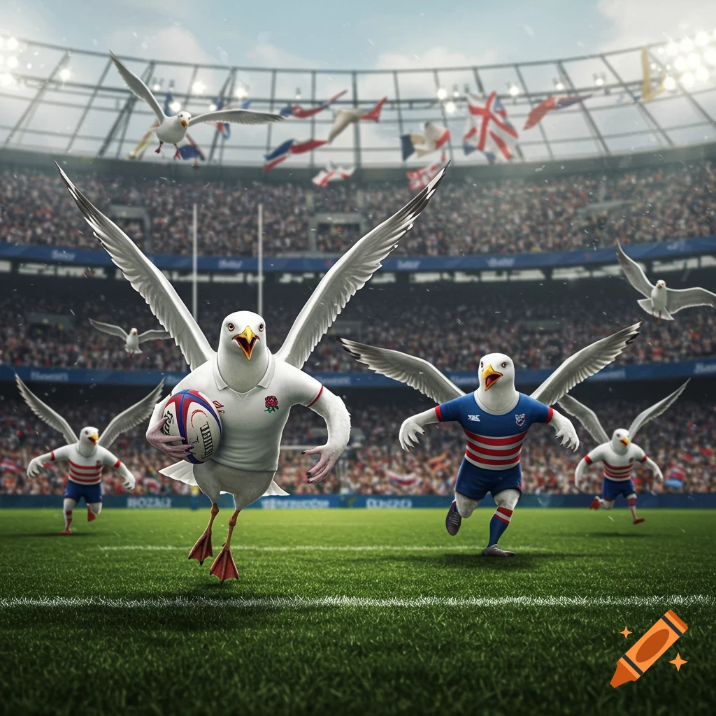 Photorealistic seagulls in rugby uniforms playing in a large stadium ...