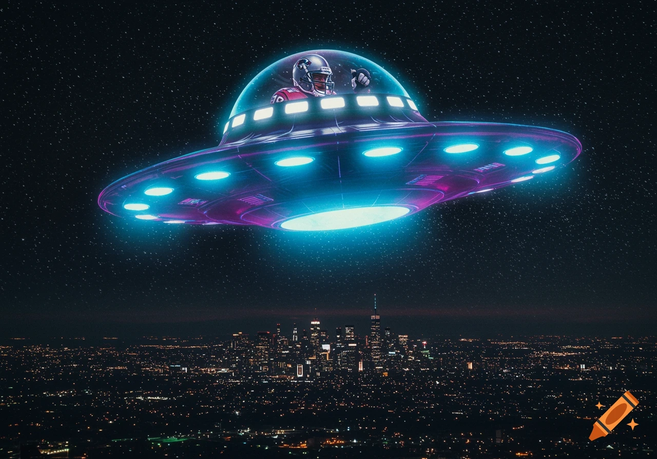 A glowing purple and blue UFO with an NFL player inside its cockpit ...