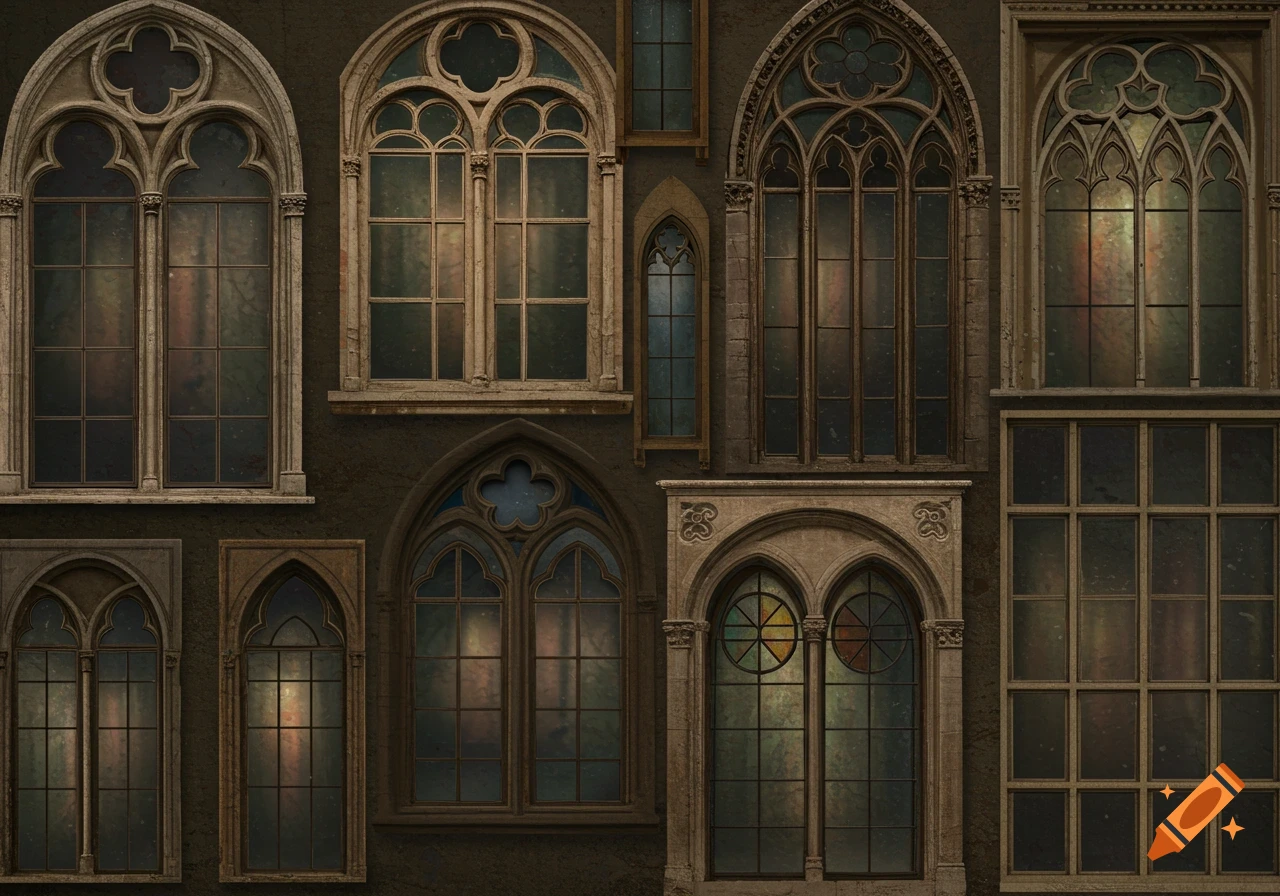 Illustration of a colorful stained glass window with geometric and ...