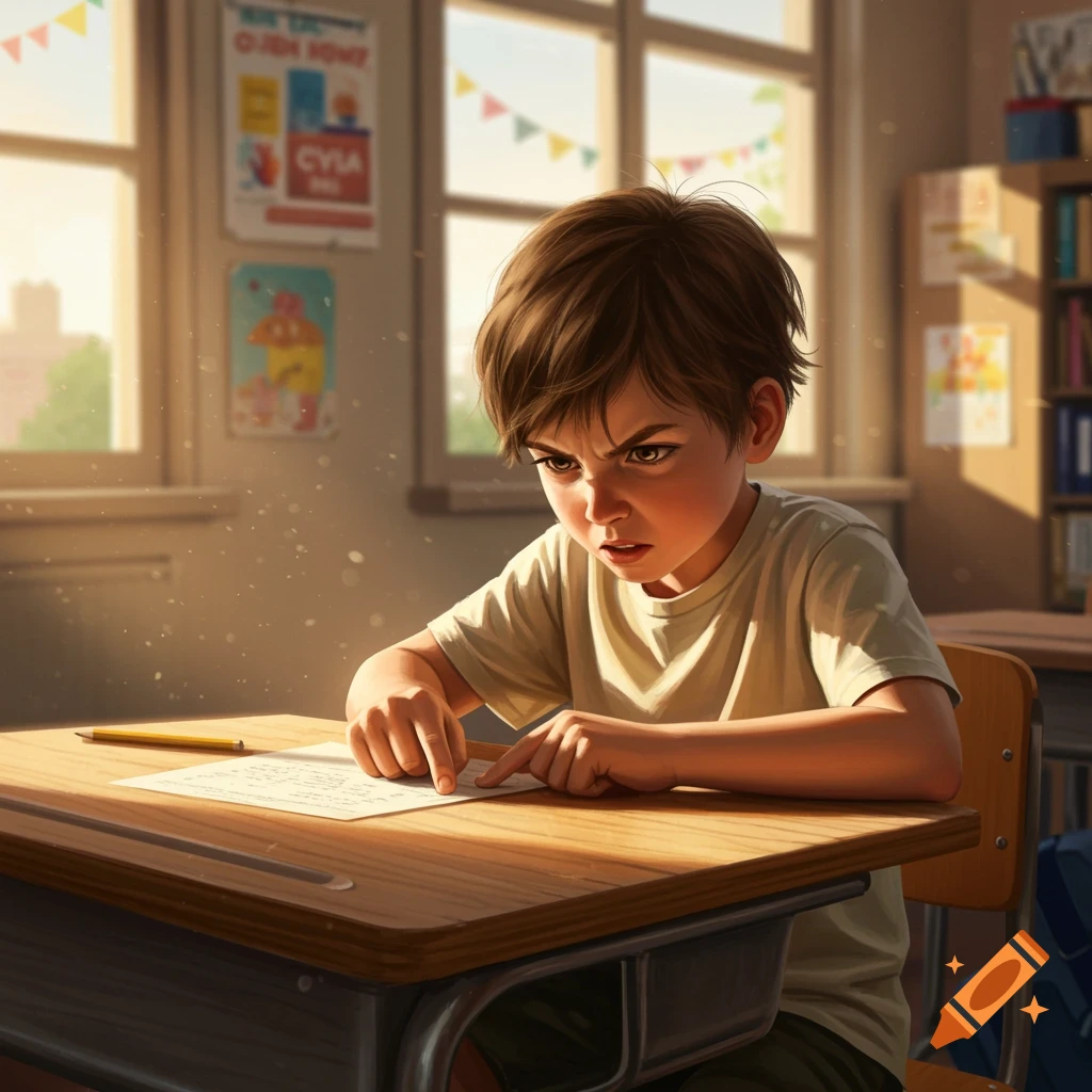 A red-haired boy with freckles smiles while using a computer in a sunny ...